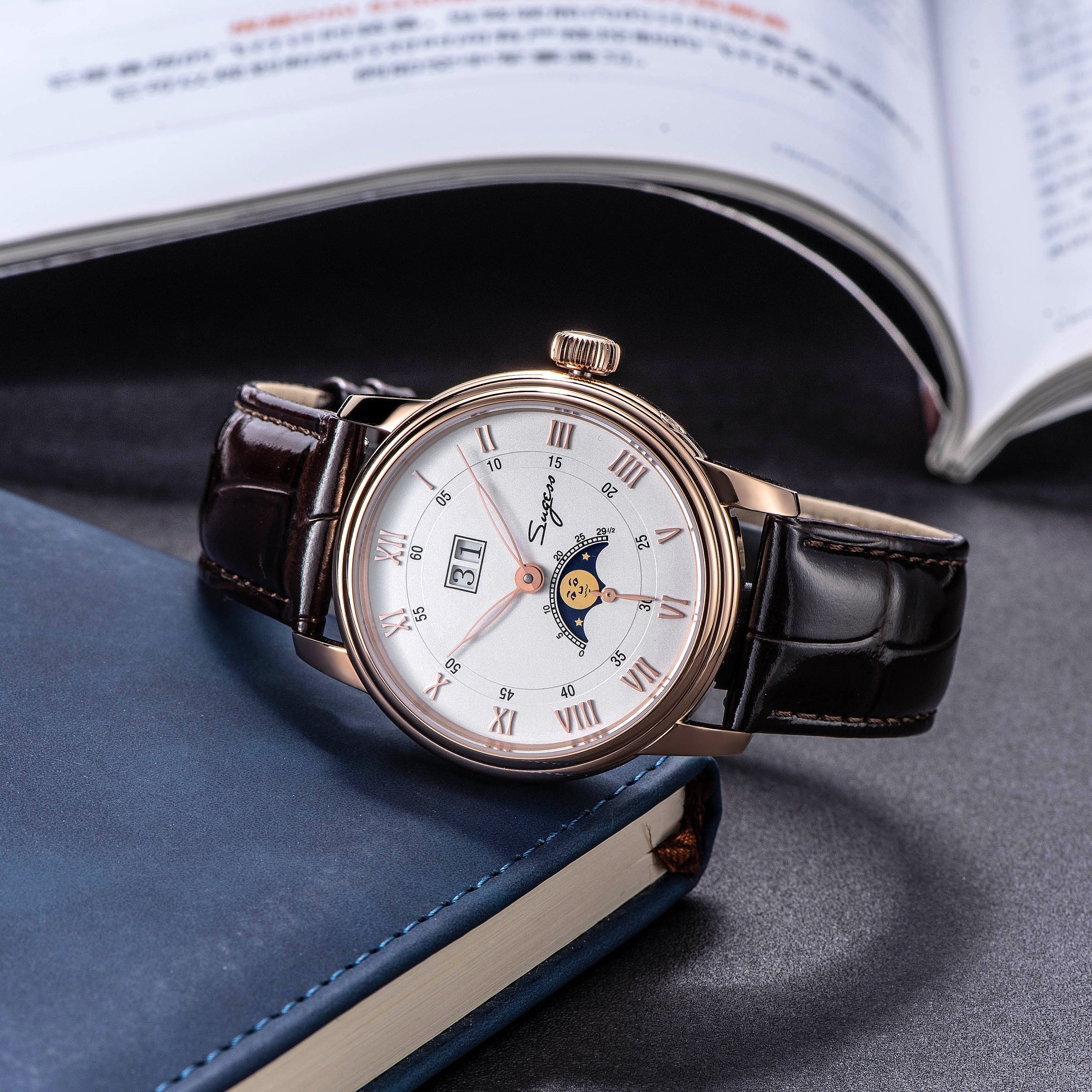 Sugess Luminous Moonphase Seagull ST2108 Movement Watch SU2108SK ...