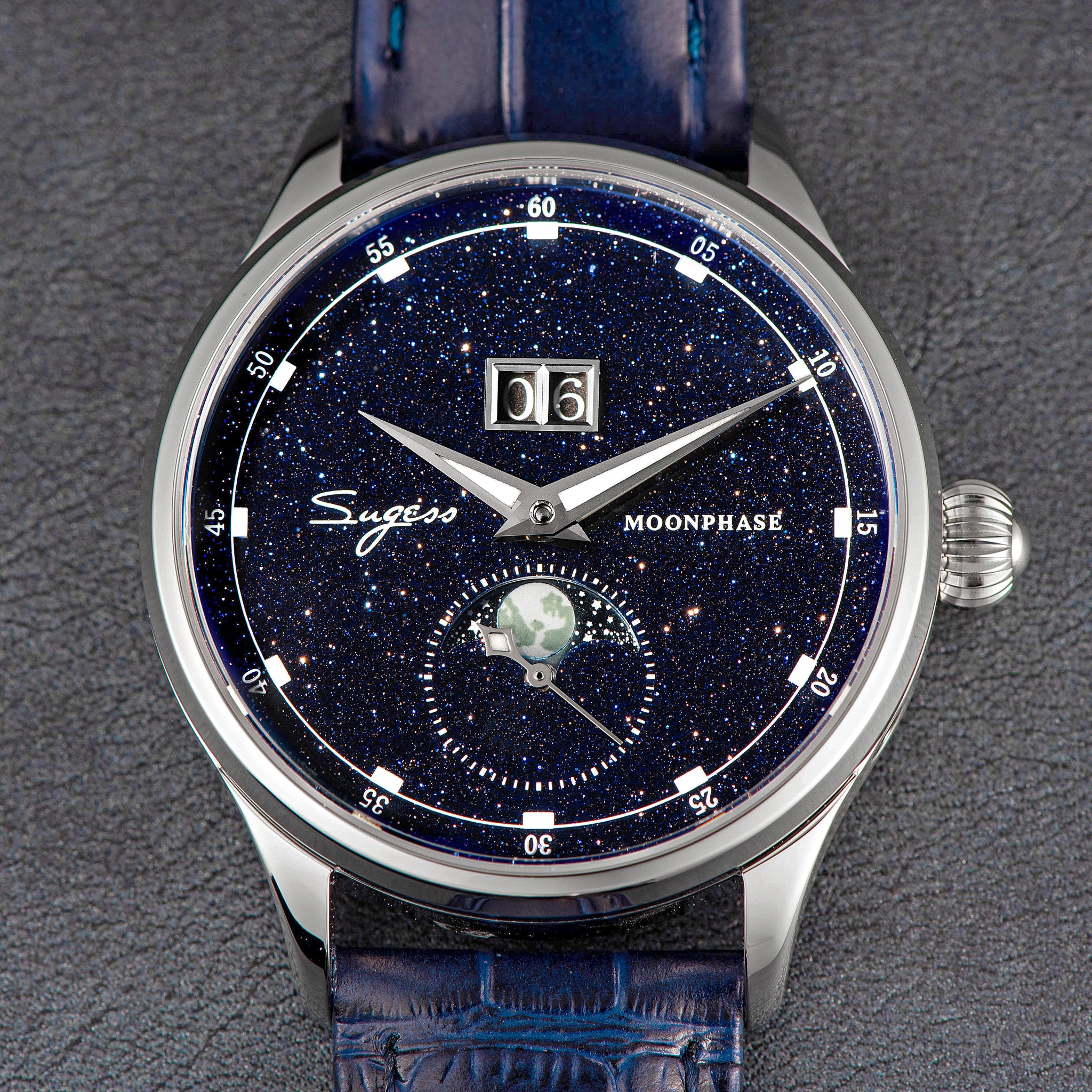 Sugess MOONPHASE MASTER Blue Gold Stone Star Dust Dial Moonphase ...