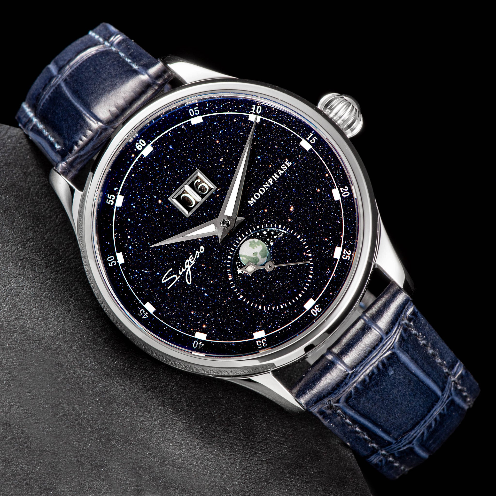 Sugess MOONPHASE MASTER Blue Gold Stone Star Dust Dial Moonphase ...