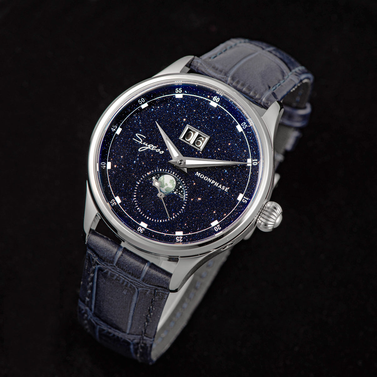 Sugess MOONPHASE MASTER Blue Gold Stone Star Dust Dial Moonphase ...