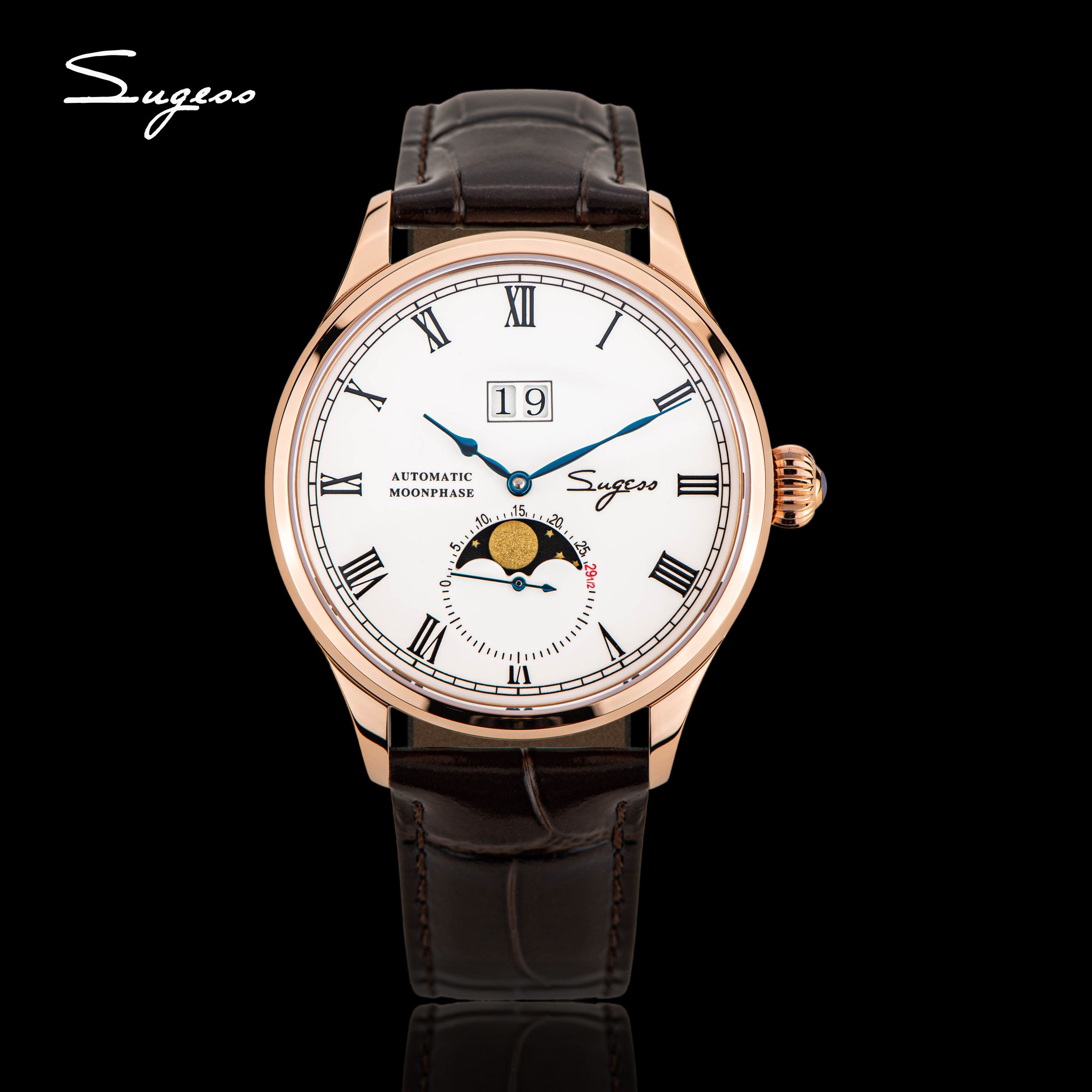 Sugess MOONPHASE MASTER Enamel Dial Moonphase Seagull ST2528 Movement ...