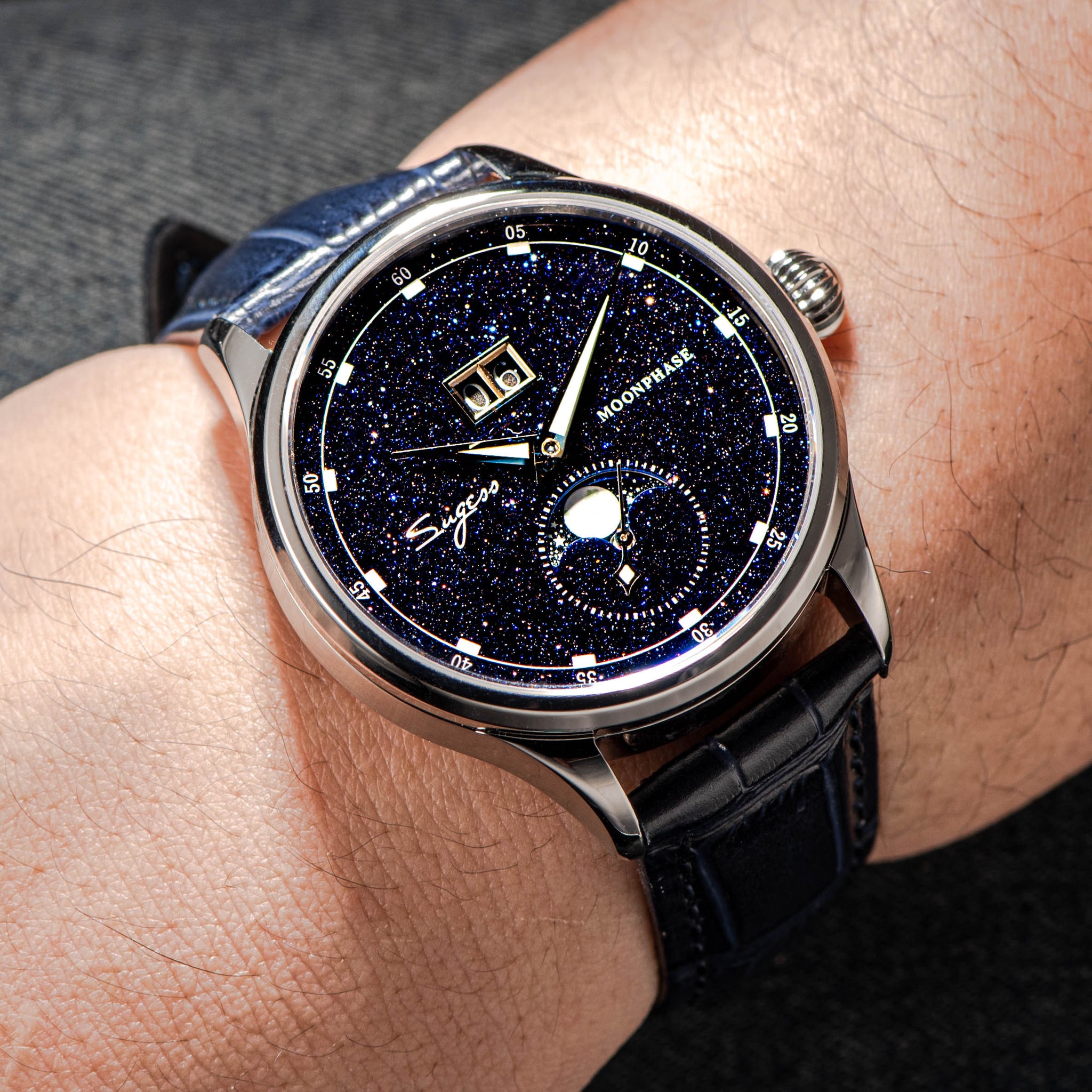 Sugess MOONPHASE MASTER Blue Gold Stone Star Dust Dial Moonphase ...